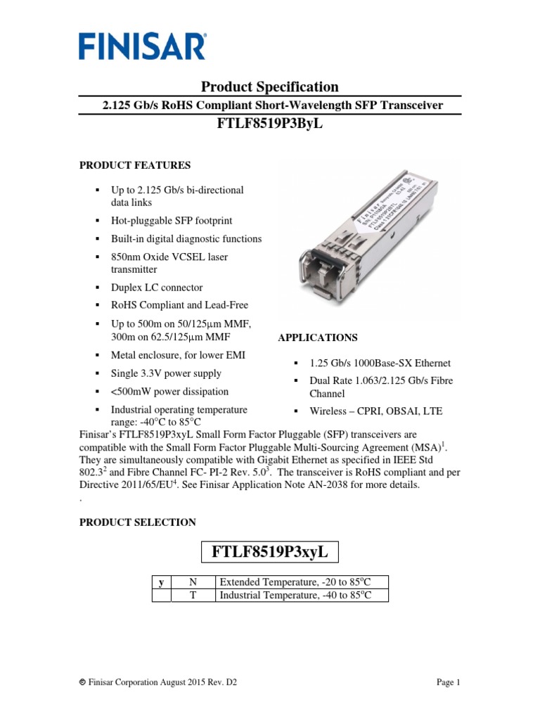 Finisar Ftlf8519p3byl 2.125g Rohs Compliant Short Wavelength SFP ...