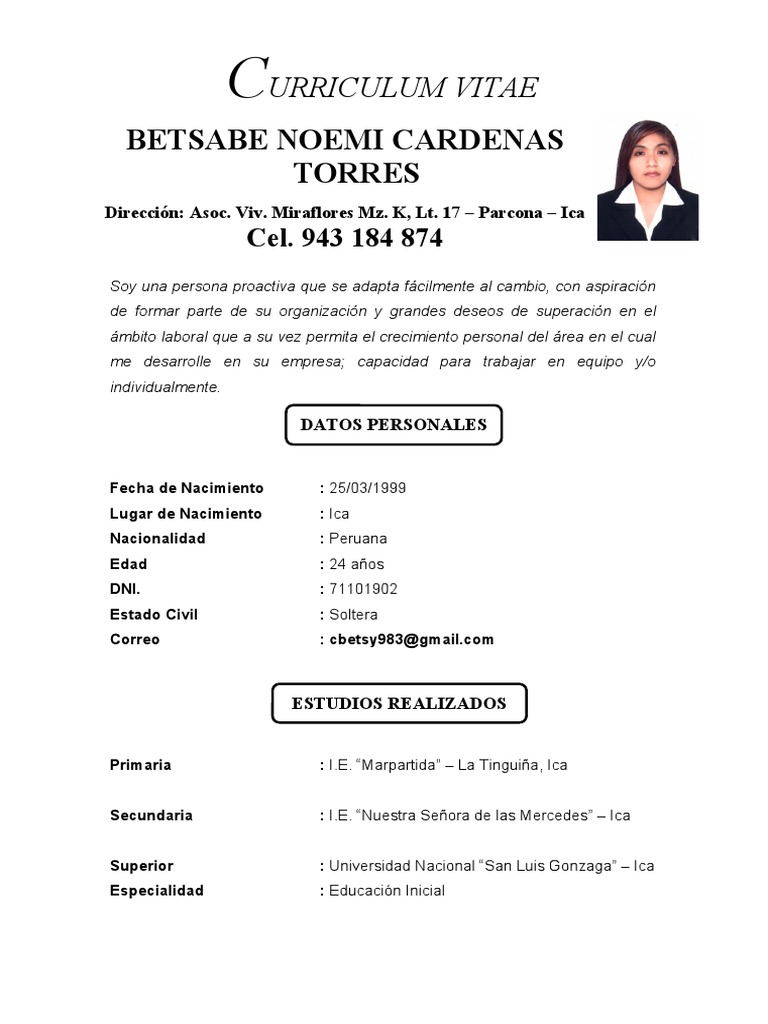 CV - Betsabe Noemi Cardenas Torres | PDF | Educación de la primera infancia | Modificación de ...