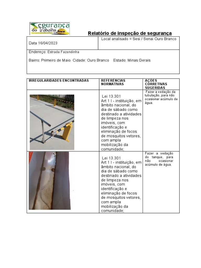 Modelo Relatorio de Inspecao Tecnica de Seguranca Braulio e Josue | PDF ...