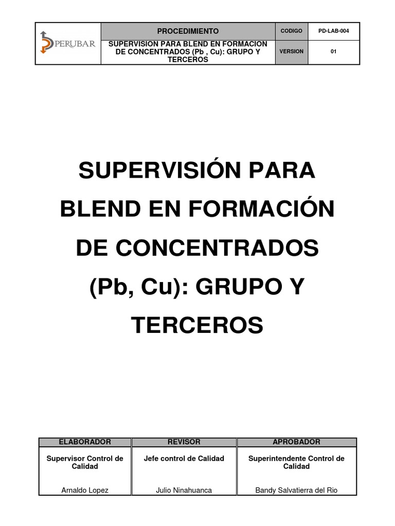 PD-LAB-004 SUPERVISIÓN PARA BLEND EN FORMACIÓN DE CONCENTRADOS (PB, Cu) GRUPO Y TERCEROS | PDF ...