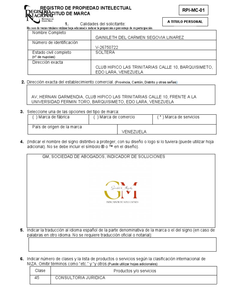 USA Formulario RPI-MC-01 Solicitud de Marca | PDF