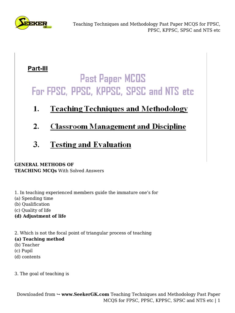 General Methods of Teaching Mcqs With Solved Answers | PDF | Scientific Method | Methodology
