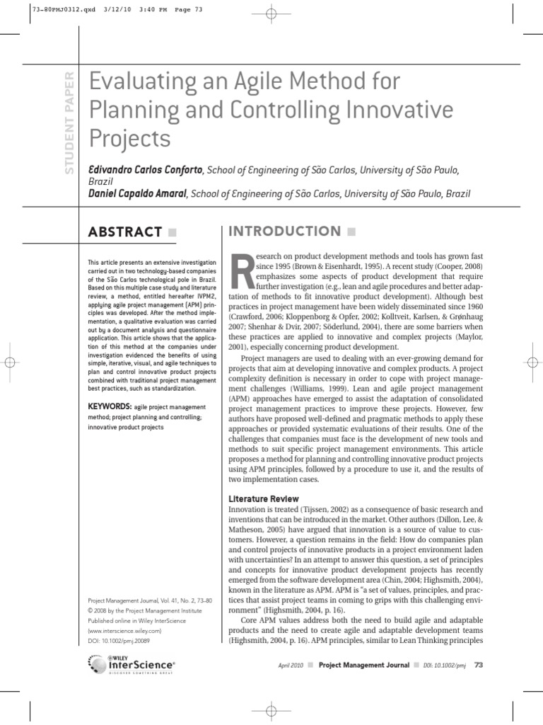 Evaluating An Agile Method For Planning and Controlling Innovative Projects | PDF | Project ...