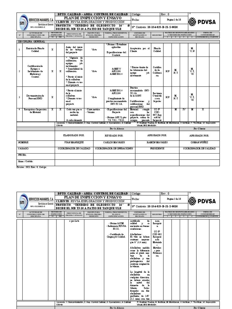 Plan de Inspeccion y Ensayo Tendido de Oleoducto 16 Ø Desde El MB TJ-10 ...