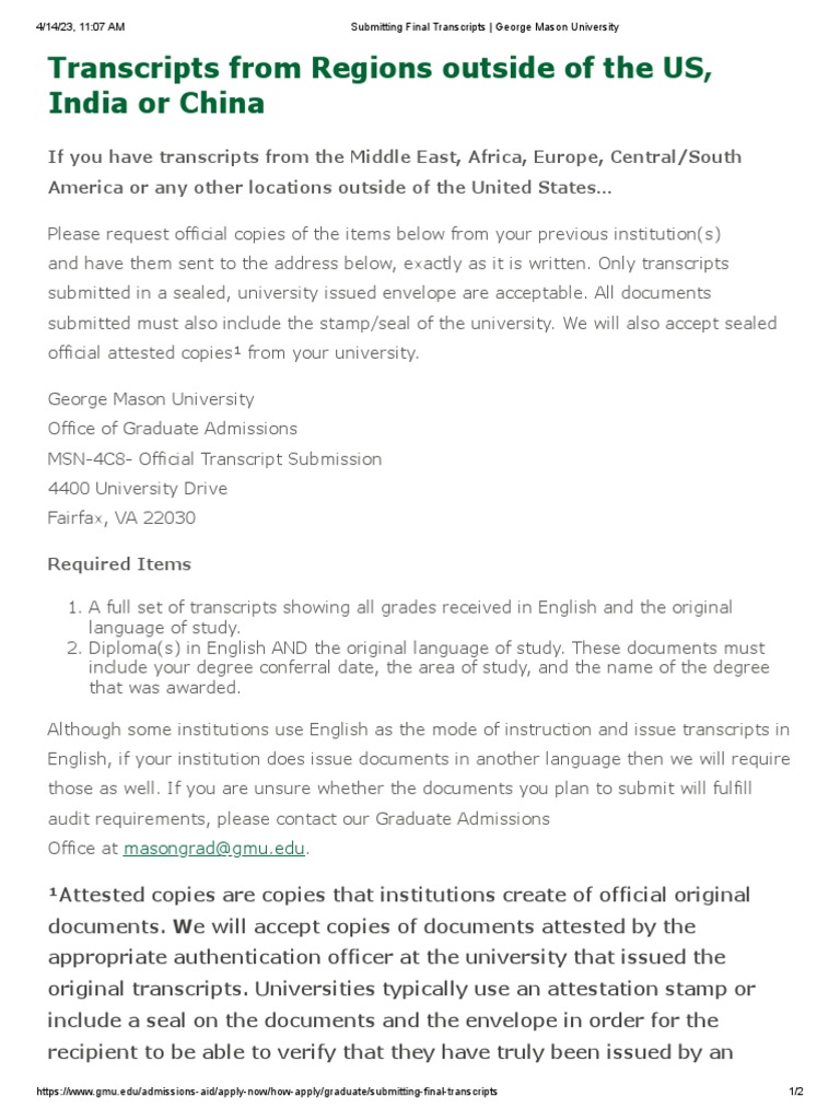 Submitting Final Transcripts - George Mason University | PDF