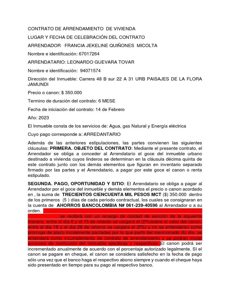 SEGUNDA. PAGO, OPORTUNIDAD Y SITIO: El Arrendatario Se Obliga A Pagar Al | PDF | Pagos | Derecho ...