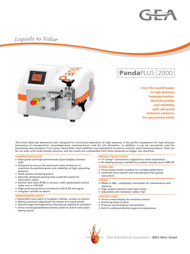 GEA Niro Soavi Panda Plus Homogenizer Brochure | PDF | Valve | Pressure