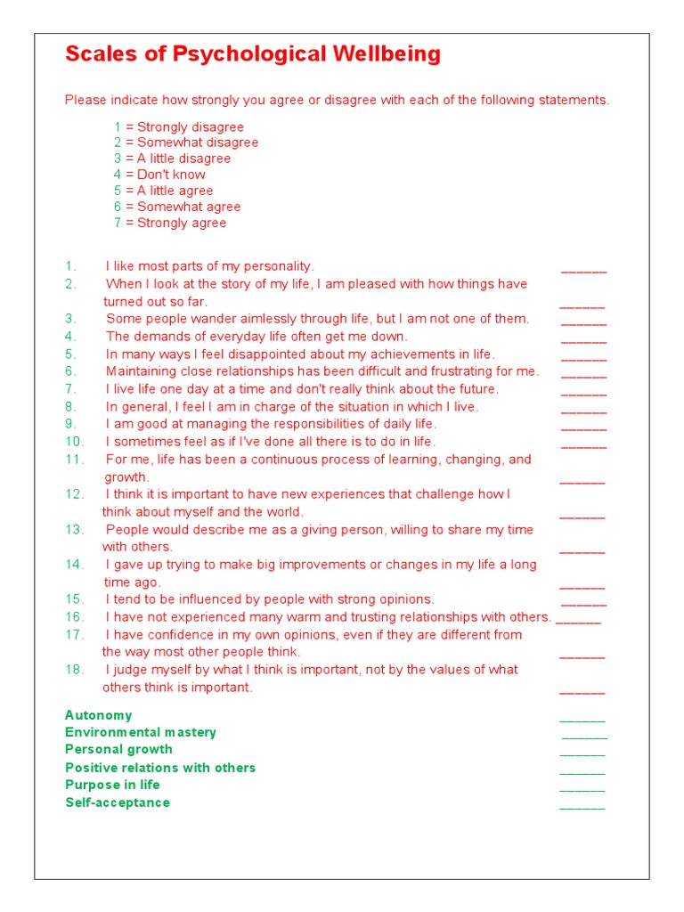 Scales of Psychological Wellbeing | PDF | Psychology | Behavior ...