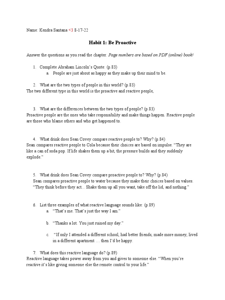 Reading Worksheet Habit 1 Be Proactive | PDF | Psychology | Psychological Concepts