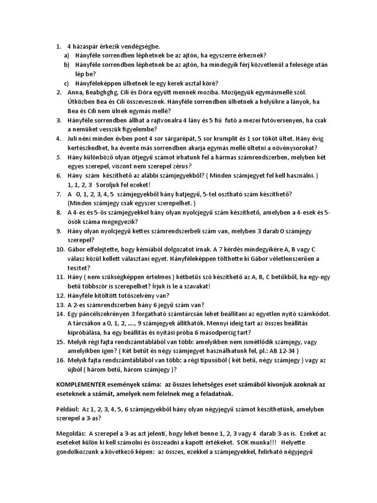 Kombinatorika feladatok | PDF