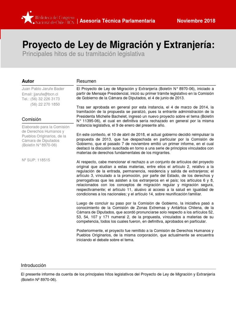 Proyecto de Ley de Migracion y Extranjeria Principales Hitos de Su Tramitacion Legislativa | PDF ...