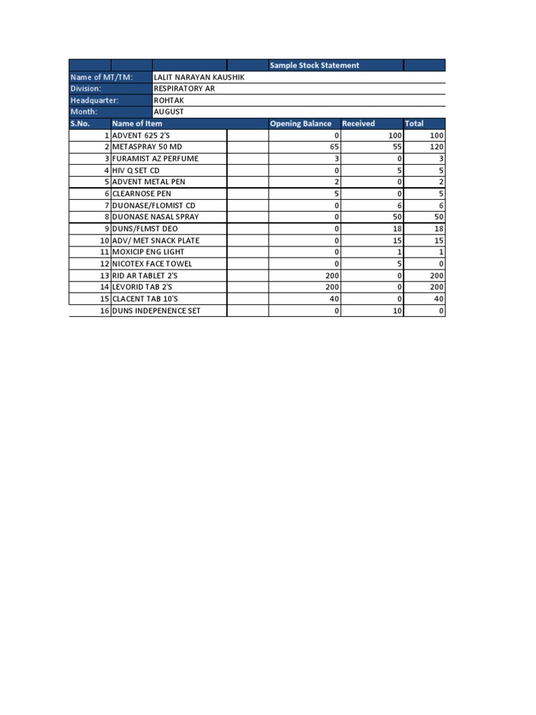Monthly Sample Stock Statement Report | PDF | Science & Mathematics ...