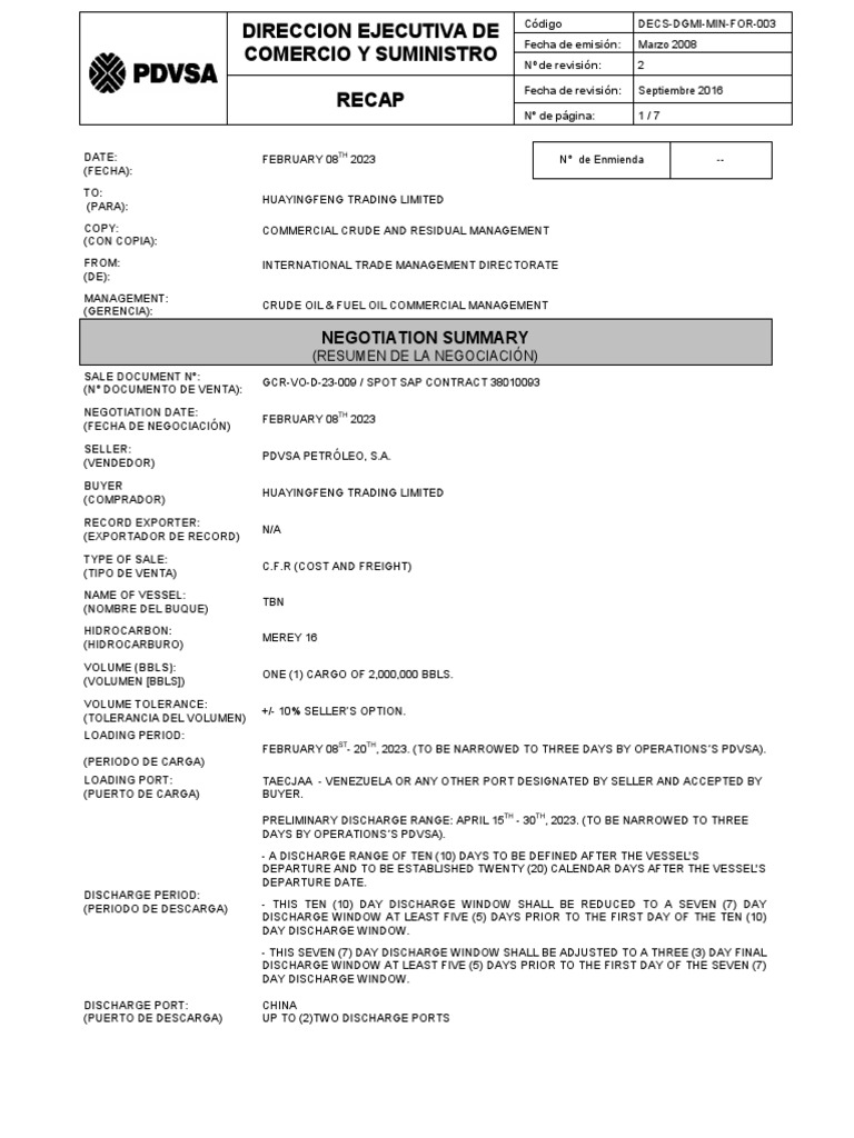 Recap Gcr-Vo-d-23-009 Merey 16 - Huayingfeng Trading - Feb 2023 - Rev 1 ...