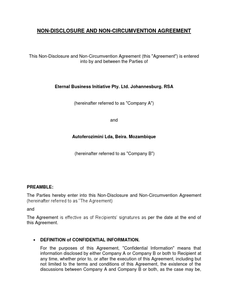 Non-Disclosure and Non-Circumvention Agreement: Eternal Business ...