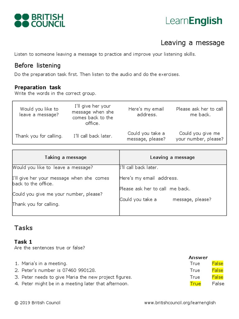 LearnEnglish Listening A2 Leaving A Message | PDF | Cognition ...