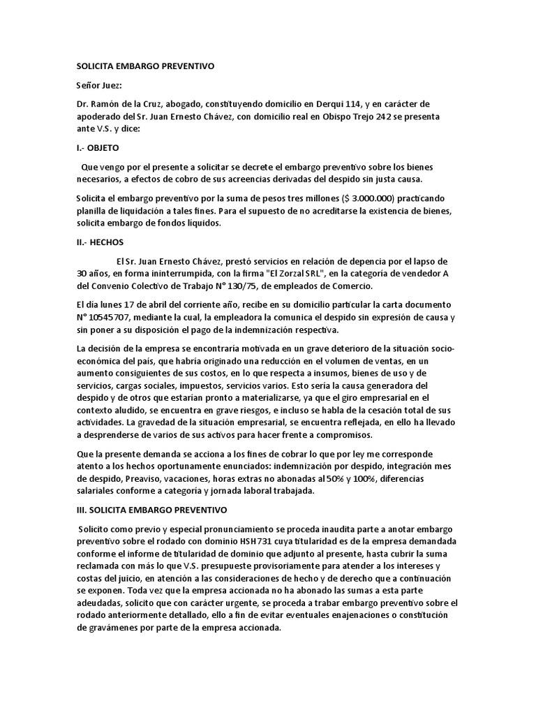 SOLICITA EMBARGO PREVENTIVO laboral | PDF | Demanda judicial | Mandato