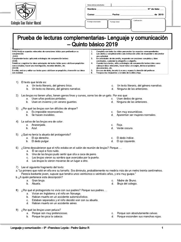 Prueba de Lectura: Las Brujas 5° Básico | PDF | Comprensión lectora