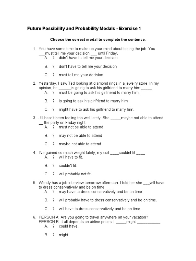 Future Possibility and Probability Modals - Exercise 1: Choose The ...