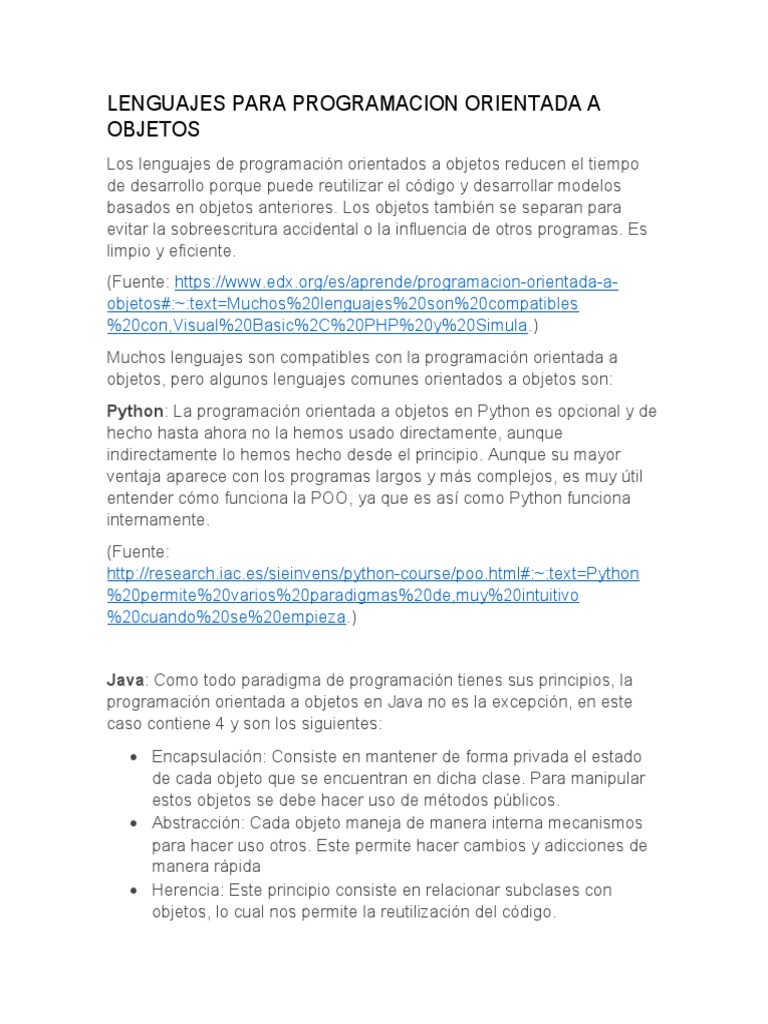 Lenguajes para Programacion Orientada A Objetos | PDF | Programación orientada a objetos ...