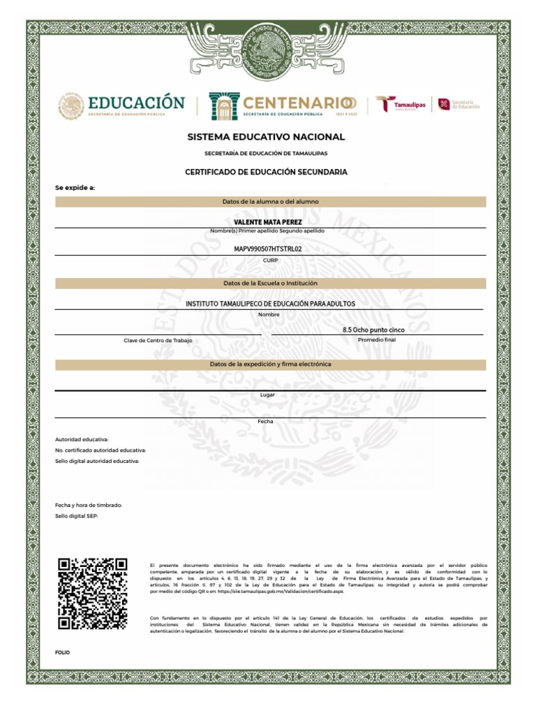 Certificado de educación secundaria para Valentín Mata Pérez expedido ...