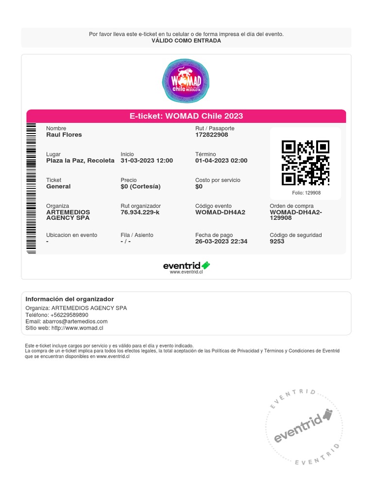 E-Ticket: WOMAD Chile 2023: Raul Flores 172822908 | PDF