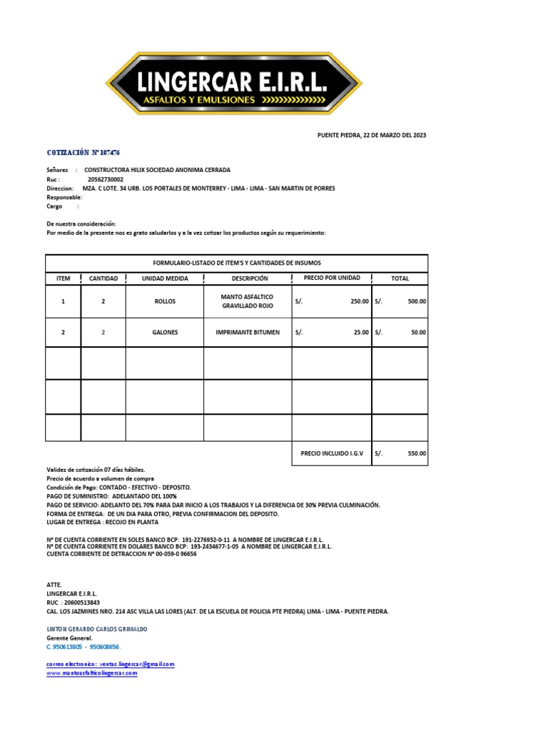 COTIZACIÓN #107476: Linton Gerardo Carlos Grimaldo | PDF