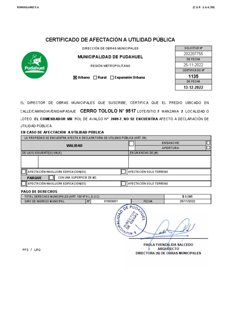 Certificado de Afectación A Utilidad Pública | PDF