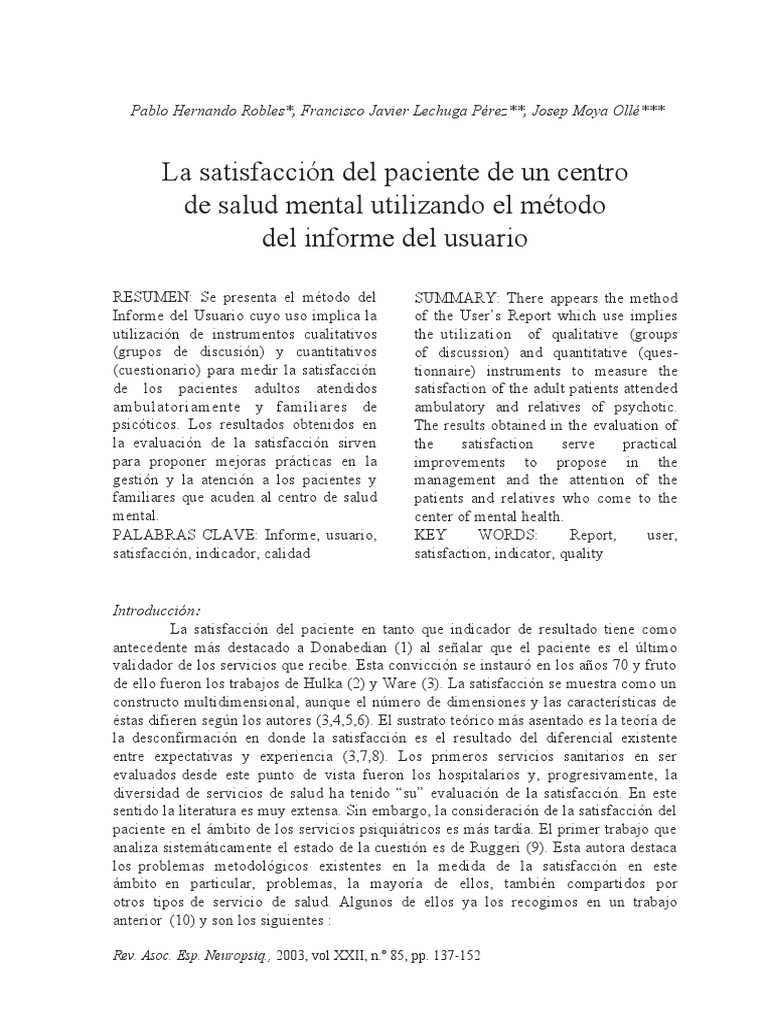 Satisfacción Del Paciente de Un Centro de Salud Mental | PDF ...
