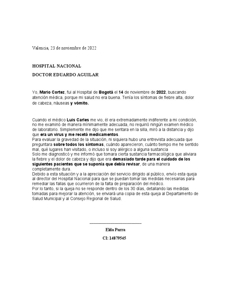 Ejemplo de Carta de Reclamo A Un Hospital | PDF