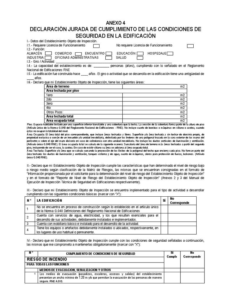 Anexo 4 - Declaración Jurada ITSE Posterior | PDF | Materiales | Ingeniero civil