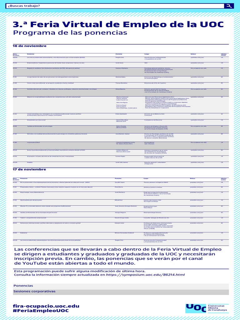 Programa de Las Ponencias: 3. Feria Virtual de Empleo de La UOC | PDF | Science