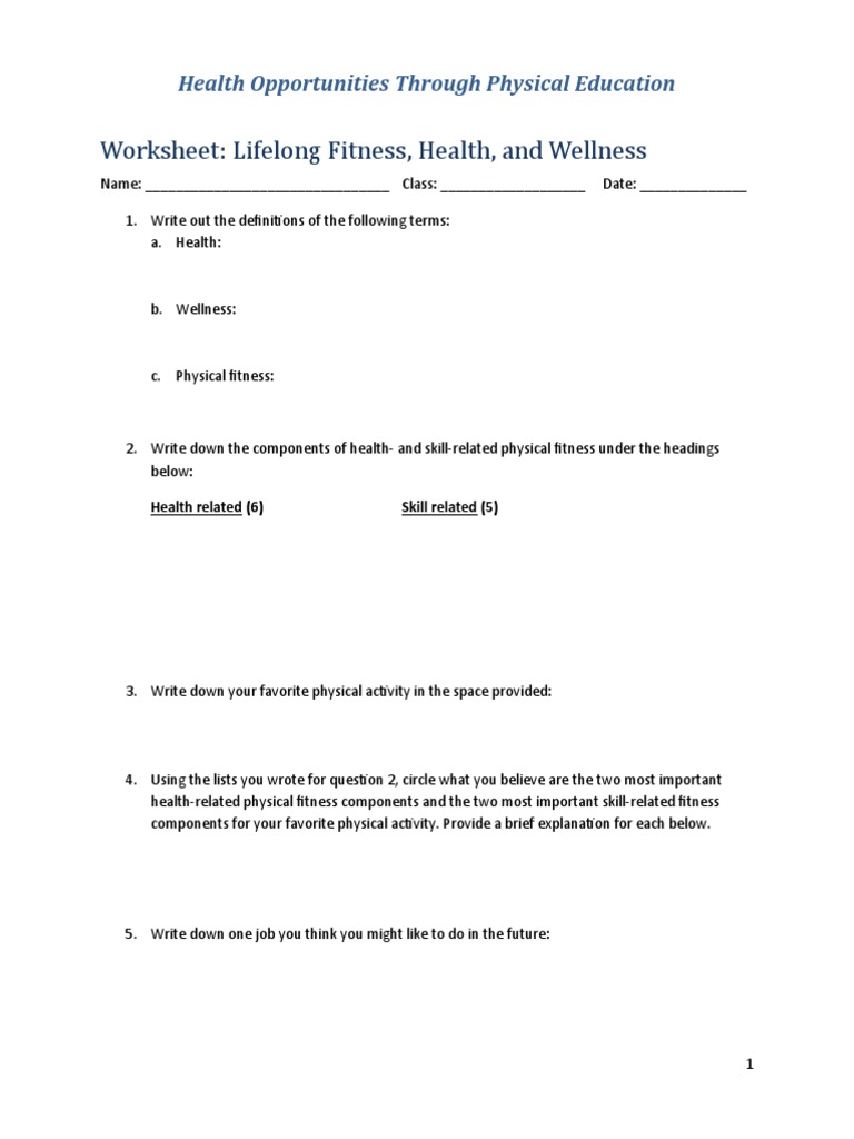 Health and Wellness Worksheet for Students | PDF