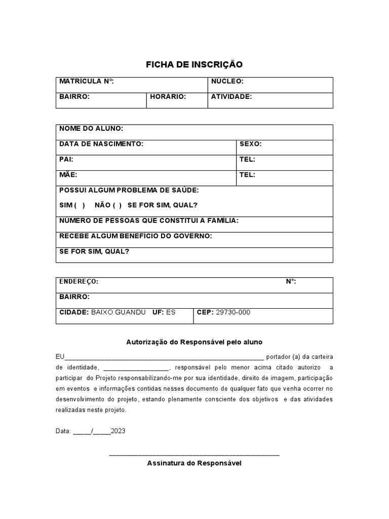 Registro de aluno para projeto social | PDF