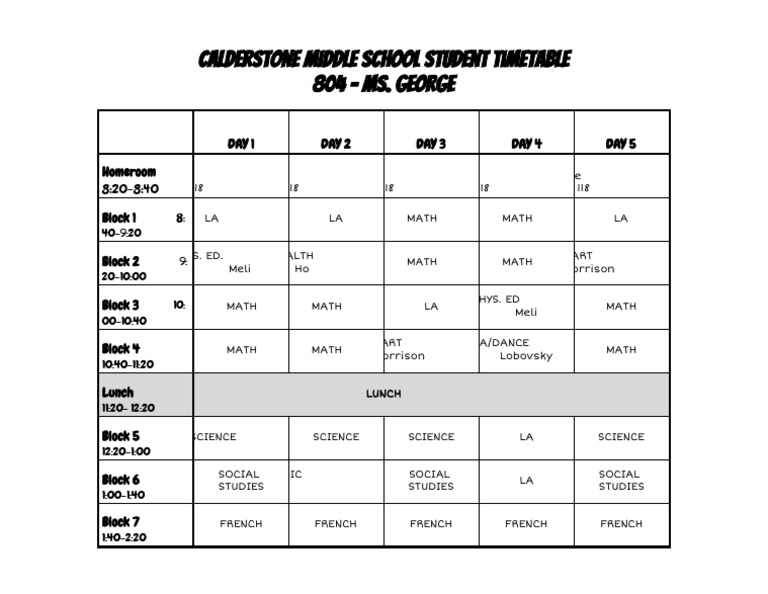 Calderstone Middle School Student Timetable 804 - Ms. George | PDF ...