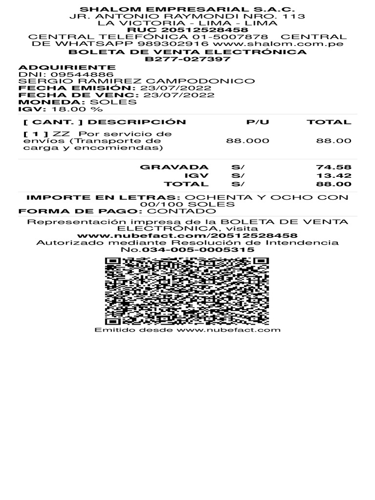 Boleta de Venta Electrónica Shalom S.A.C. | PDF | Finanzas y dinero