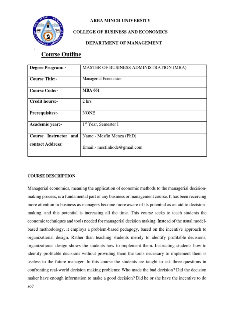 Course Outline: Arba Minch University College of Business and Economics Department of Management ...