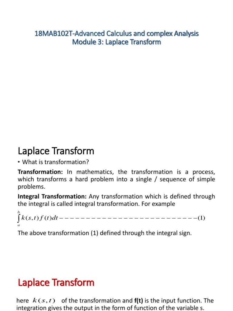 18MAB102T-Advanced Calculus and Complex Analysis Module 3: Laplace Transform | PDF | Integral ...