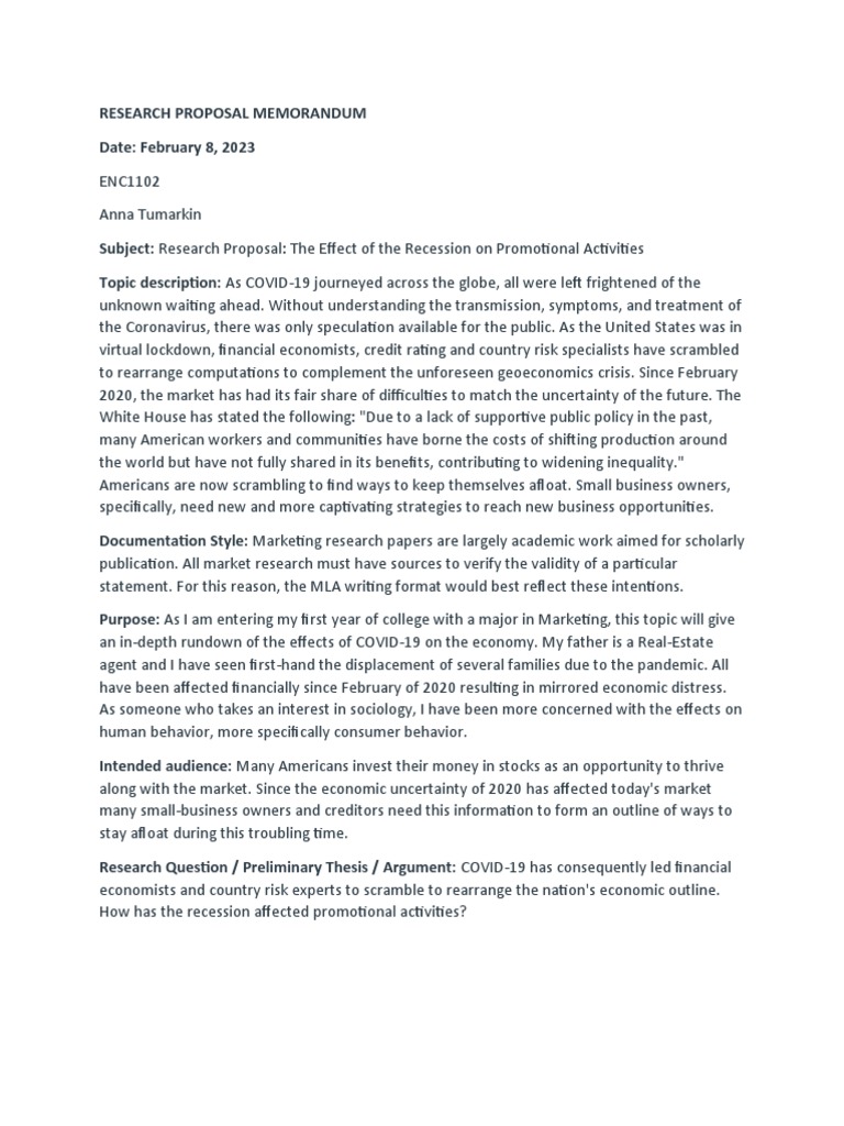 Research Proposal Memo Pdf Recession Market Economics