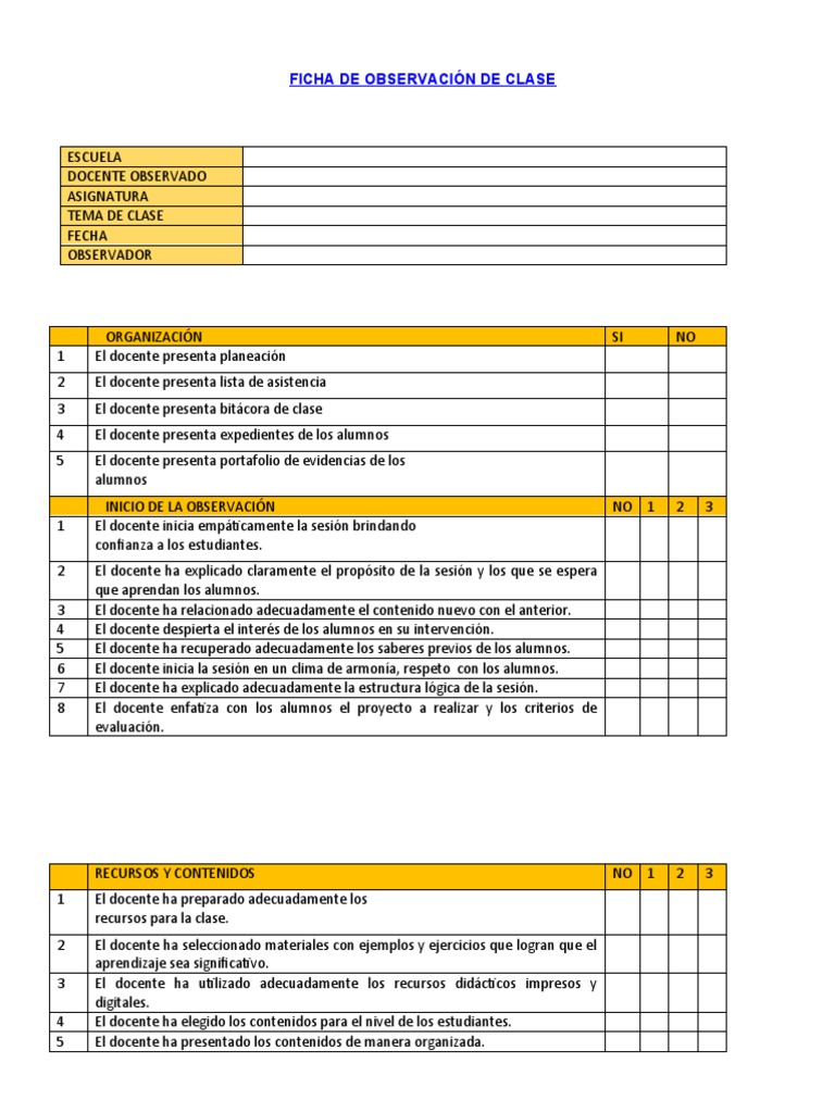 Ficha de Observación de Clase | PDF | Aprendizaje | Evaluación