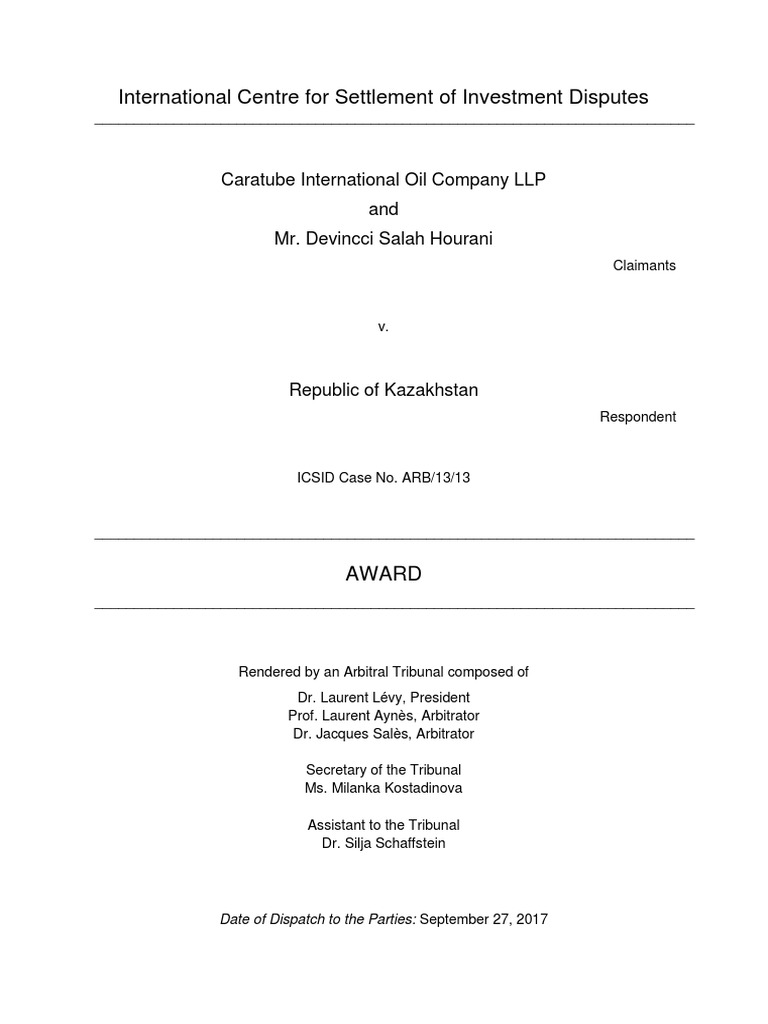 ICSID Award: Caratube v. Kazakhstan | PDF | Damages | Limited Liability ...