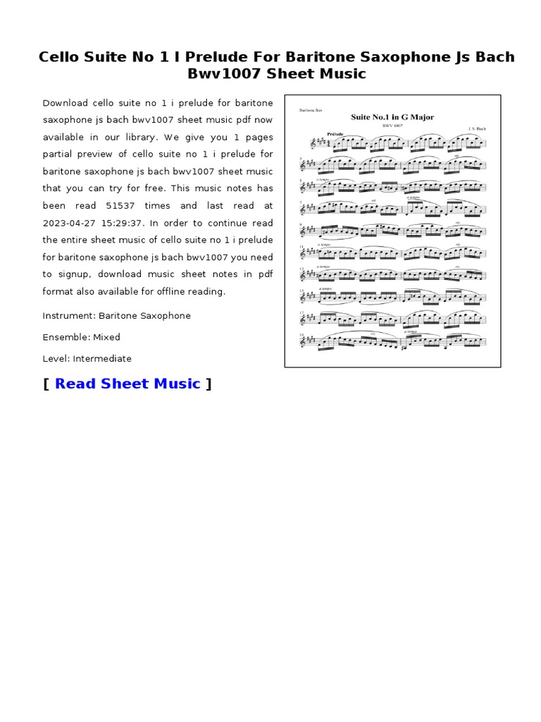 Bach Cello Suite No. 1 for Baritone Sax | PDF | Suite (Music ...