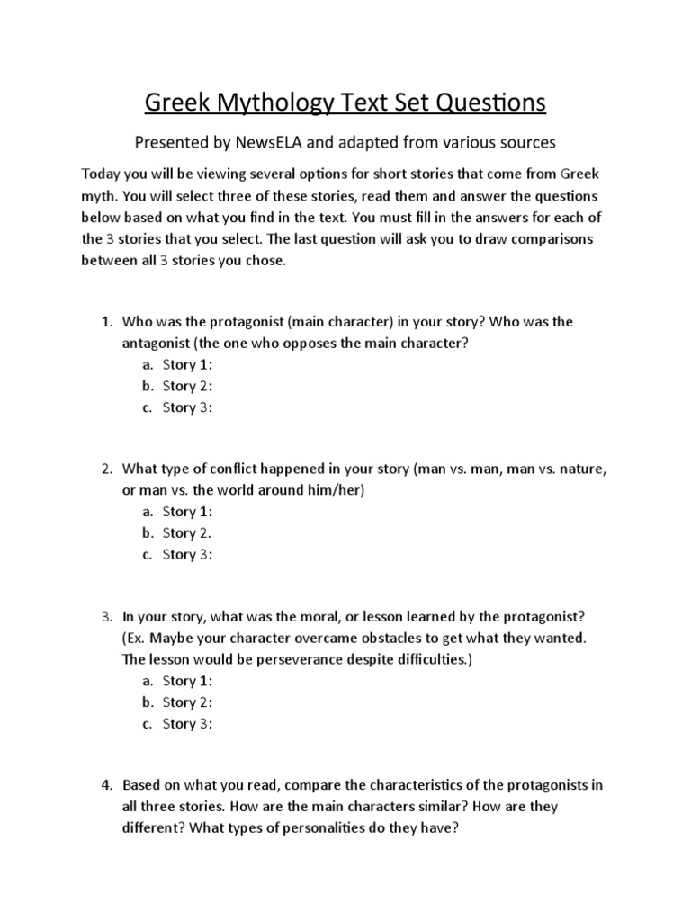 NewsELA - Greek Mythology Text Set Questions | PDF