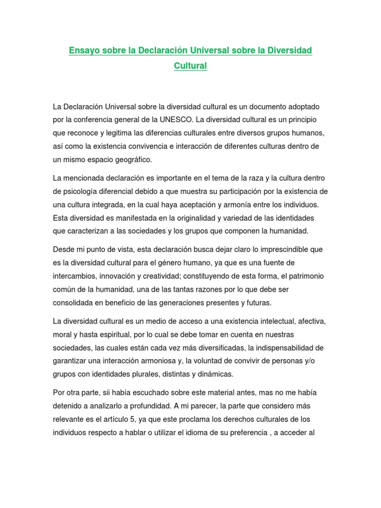 Ensayo Sobre La Declaración Universal Sobre La Diversidad Cultural ...