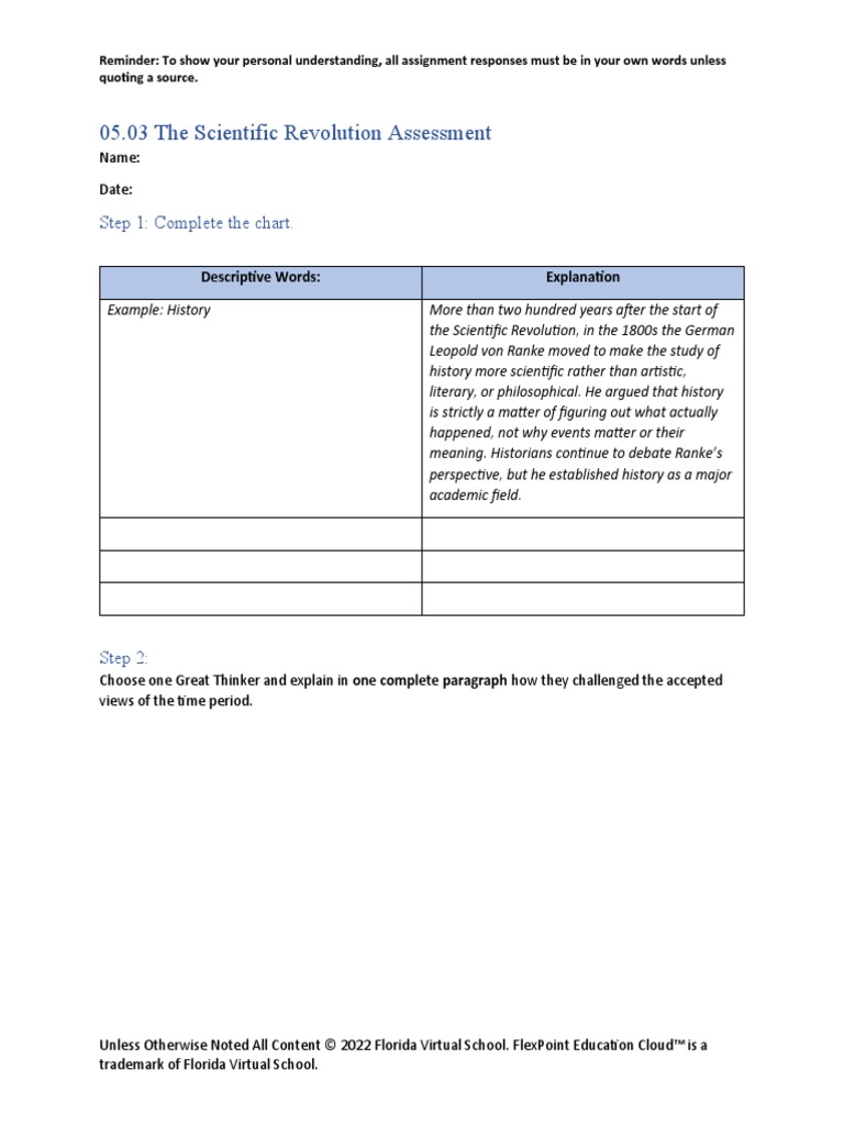 05.03 The Scientific Revolution Assessment: Step 1: Complete The Chart ...