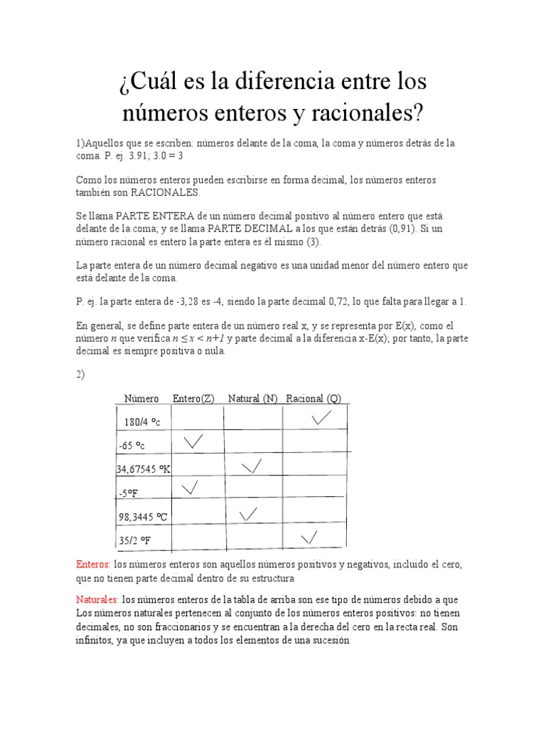 ¿Cuál Es La Diferencia Entre Los Números Enteros y Racionales? | PDF