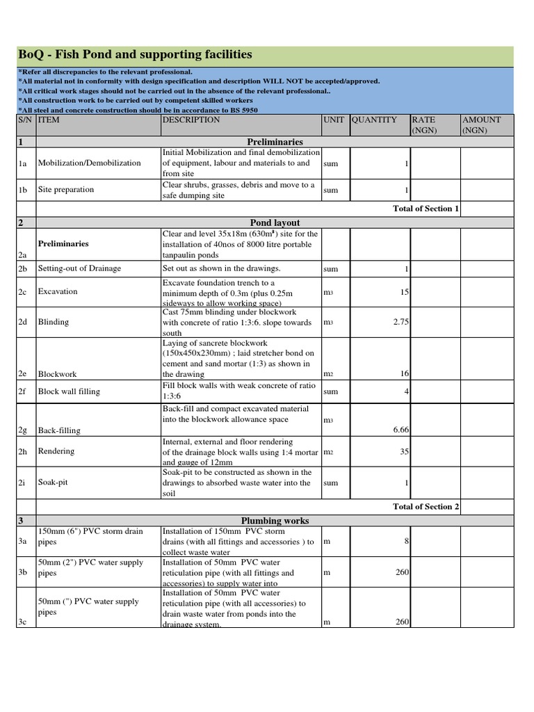 BoQ - IOM Benin CBR Fish Farm Project | PDF | Concrete | Plumbing
