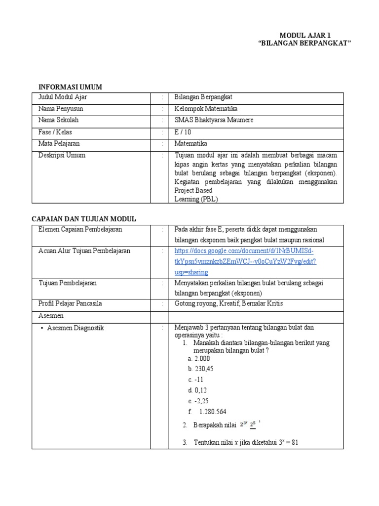 Modul Ajar 1 Matematika Kelas 10-Eksponen | PDF