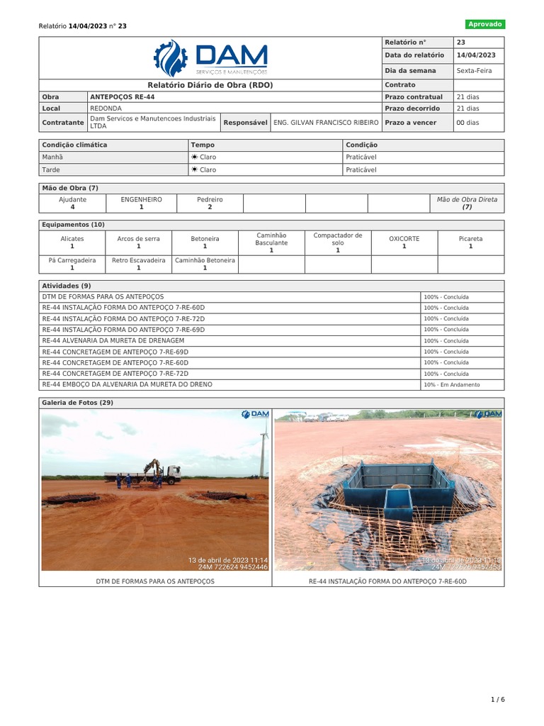 Relatório Diário de Obra (RDO) N° 23 - 14-04-2023 | PDF