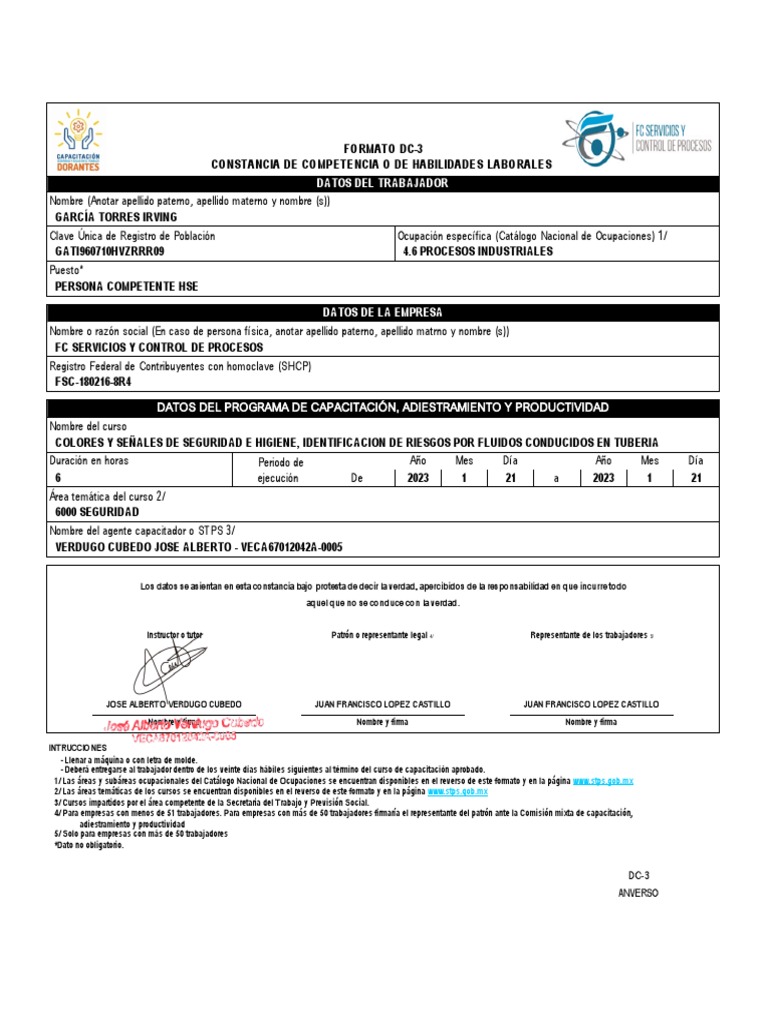 Formato Dc-3 Constancia de Competencia O de Habilidades Laborales | PDF