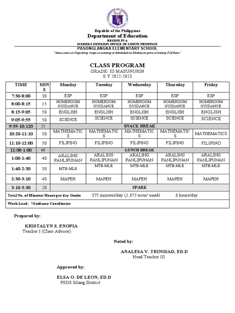 Class Program Grade 3 Sy 2022 2023 | PDF | Educational Organizations ...